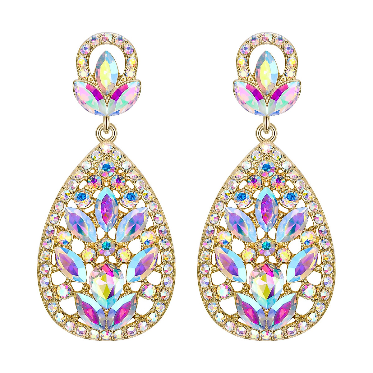 EleQueen Clip On Earrings for Women Rhinestone Crystal Wedding Bridal Bohemia Teardrop Chandelier Dangle Earrings Iridescent Clear Gold-Tone