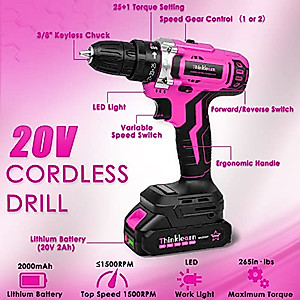 ThinkLearn Tool Kit with 20V Cordless Drill(265in-lbs), Pink Drill Set for Women, Lady's Home Tool Kit for DIY, Daily Repair Tool Set as a Creative Gift with a Large-Capacity Tool Storage Bag