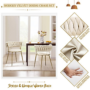 Modern Velvet Dining Chairs Set of 4, Upholstered Living Room Chair with Woven Back and Golden Metal Legs, Mid-Century Accent Side Chair for Dining Room, Living Room, Kitchen, Vanity Room, Ivory
