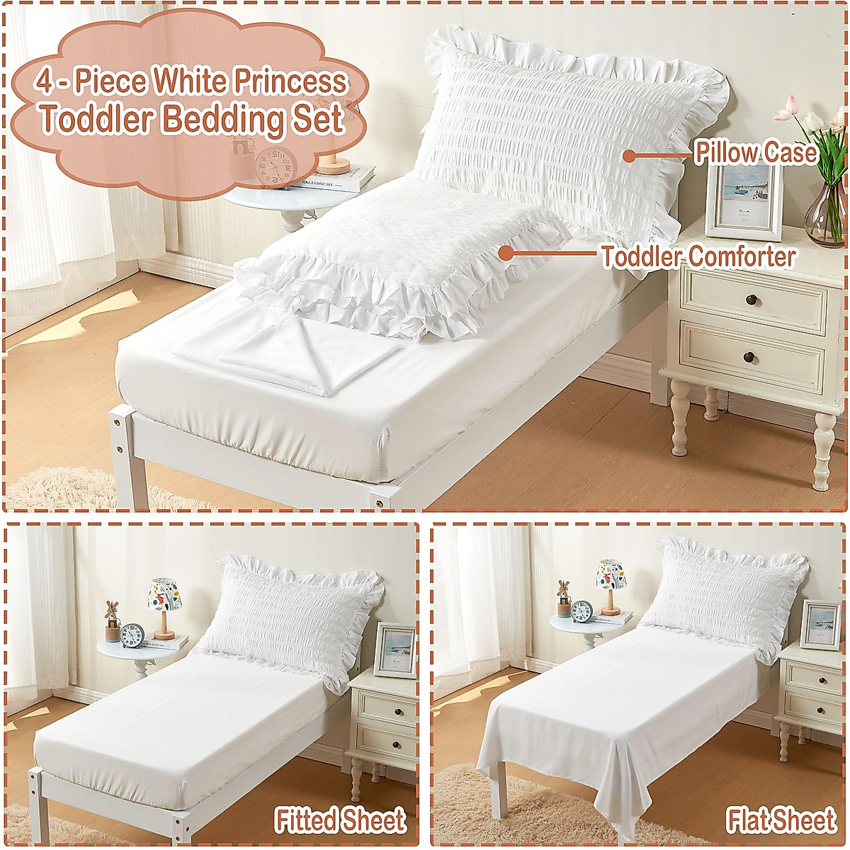 VIVILINEN Toddler Bedding Set for Girls 4-Piece White Seersucker Toddler Comforter Set Ruffle Fringe Bed-in-a-Bag Toddler Bed Sheet Set for Kids with Comforter, Flat Sheet, Fitted Sheet, Pillowcase