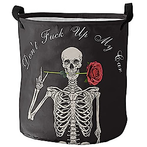 Laundry Hamper Foldable Laundry Basket, Red Roses Skeleton Waterproof Clothes Hamper for Bathroom Bedroom Living Room, Rustic Skull Victory Gesture Toy Baskets for Dollhouse 16.5"x17"