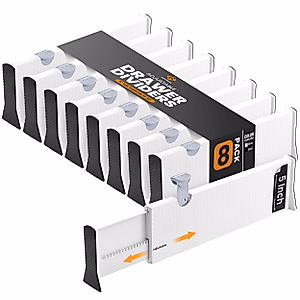 RAPTUROUS Drawer Divider - 2.5 Inches High, Expands from 13-22 Inch, Adjustable Dividers for Kitchen, Dressers - Organizers for Clothing, Baby Clothes, Untensils, etc - 8 Pack White Drawer Separators