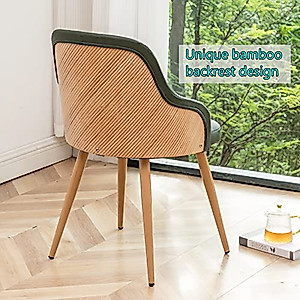 YOUUGIOR Modern Dining Room Chairs, Mid Century Leather Upholstered Accent Arm Chairs,Leisure Side Chairs with Metal Legs and Bamboo Back for Kitchen Room,Dining Room,Set of 2,Green.
