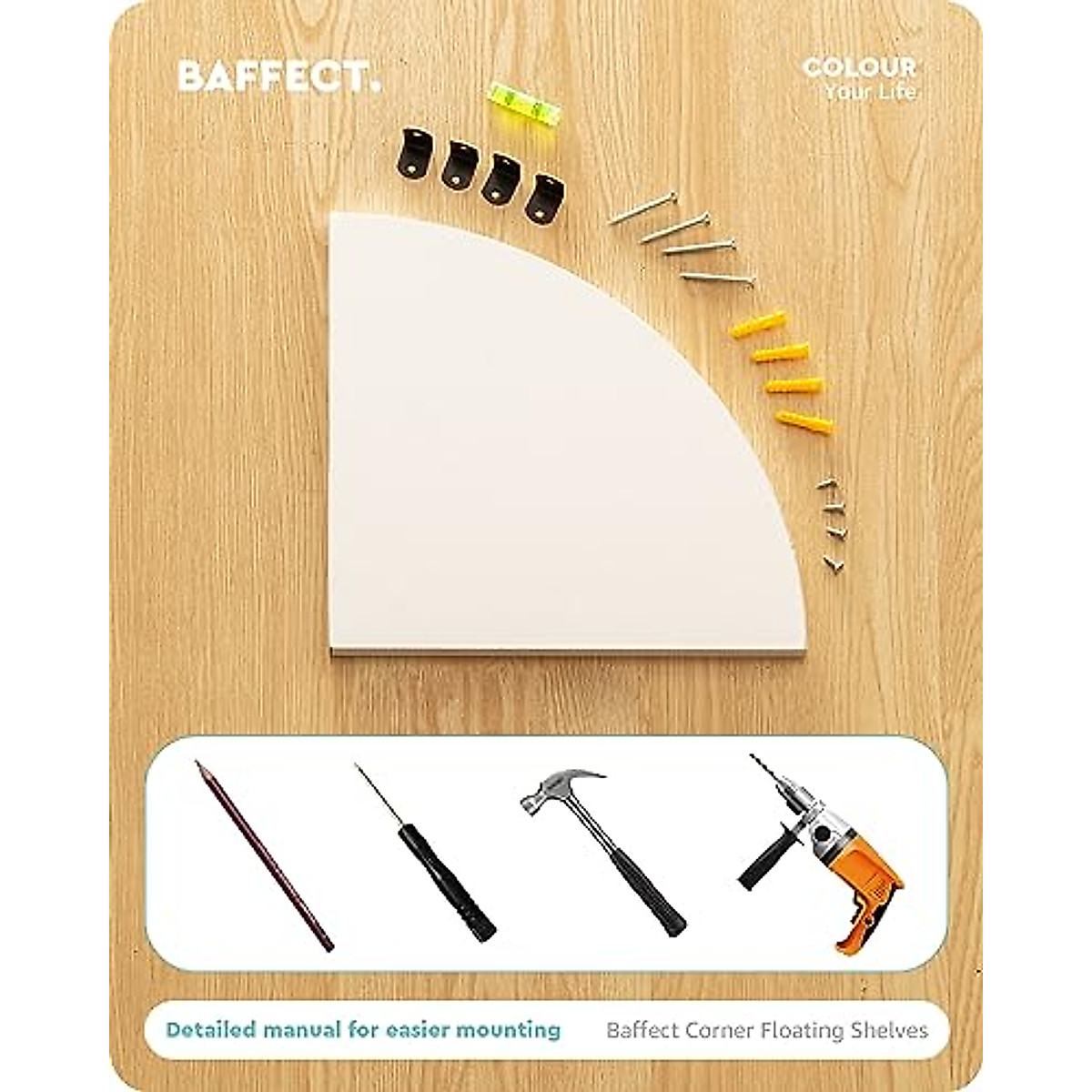 Baffect Corner Floating Shelves, Set of 3 Fan-Shaped Wooden Storage Board, Decorative Wall-Mounted Shelves for Living Room (White, 9.85in)