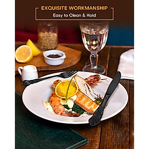 EUIRIO 40 Pieces Royal Silverware Set Black, Retro Flatware Set for 8, Stainless Steel Cutlery Set with Luxury Forks Spoons and Knives, Utensils Set Mirror Polished, Dishwasher Safe