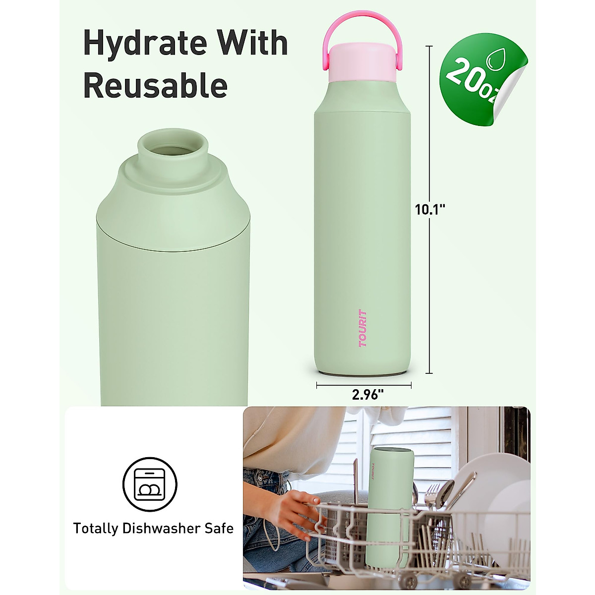 TOURIT 20 oz Insulated Water Bottle, Stainless Steel Water Bottles With Ice Strainer, Double-Wall Thermos Water Bottle, BPA Free Leakproof Thermos Bottle for Sports and Travel, Violet Mist