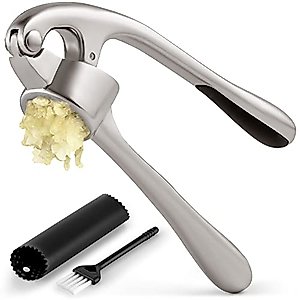 Zulay Kitchen Garlic Press With Soft, Easy To Squeeze Ergonomic Handle - Garlic Mincer Tool With Sturdy Design Extracts More Garlic Paste - Easy To Clean Garlic Crusher And Ginger Press (Silver)