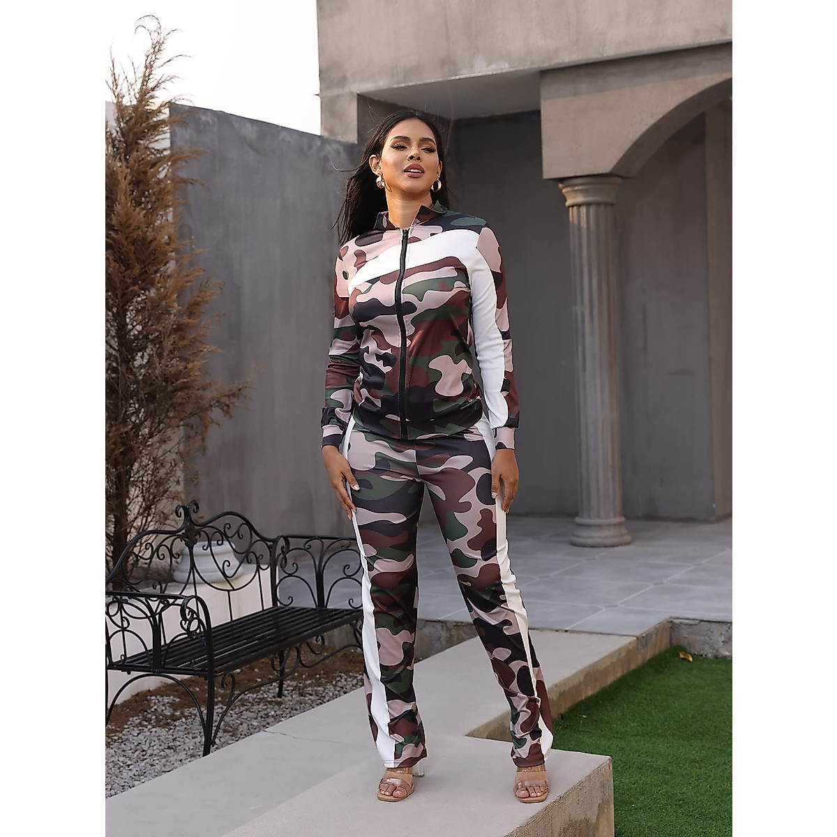 Adogirl Womens Two Piece Outfits Zipper Up Pattern Print Long Sleeve Jogging Weat Suits Matching Jogger Long Pants Set