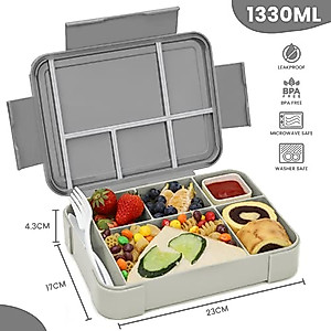 Bugucat Bento Box Adult Lunch Box, 45 OZ Leak-Proof Lunch Containers for Adults with 6 Compartments Cutlery Suitable for Microwave Dishwasher, Versatile Bento Box for Kids Adults Teens