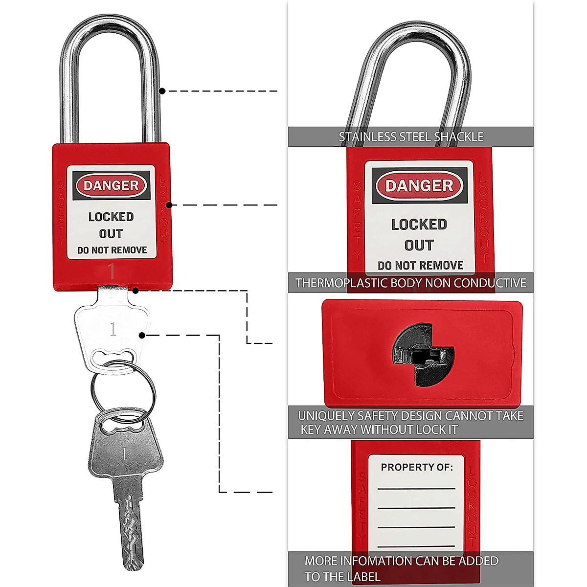 SAFBY Lockout Tagout Locks, Safety Padlock, Keyed Differently Loto Safety Padlocks for Lock Out Tag Out Kits Station (Red 1-10)
