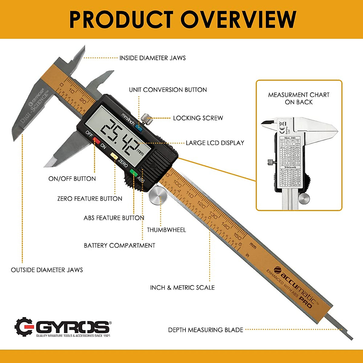 Digital Caliper Measuring Tool – 6 Inch Stainless Steel Micrometer Caliper - ABS + Auto-Off Feature - Inch/MM Conversion and Large LCD Screen – Electronic Vernier Calipers 2 Batteries Included - Gyros