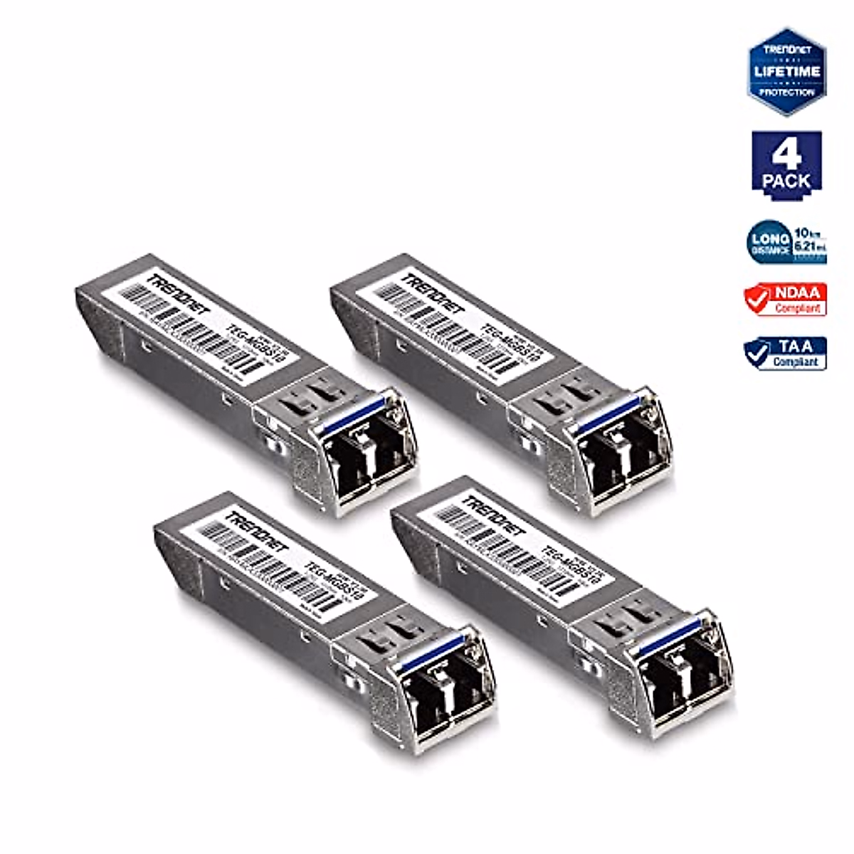 TRENDnet SFP Single-Mode LC Module 4-Pack, TEG-MGBS10/4, For Single Mode Fiber, Distances up to 10km(6.2 Miles), Gigabit SFP, Supports Up to 1.25Gbps, IEEE 802.3z Gigabit Ethernet, Lifetime Protection