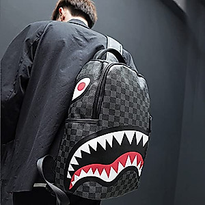 FJQSHA Student Backpack Fashion Plaid Backpack Student School Bag Large Capacity Shark Backpack (Color : Black, Size : 29 * 45 * 10)