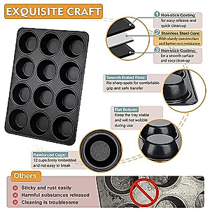 P&P CHEF 12 Cup Muffin Pan, Cupcake Pan, Non-stick Stainless Steel Baking Tin Tray for Mini Muffin Cupcake Tart, Easy Release & Clean, Non-toxic & Durable, Black