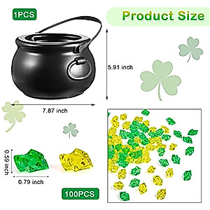 307 Pcs St Patrick's Day Black Candy Cauldron Kettle with Handle Set Shamrock Leprechaun Coin Gold and Green Gem Clover Necklace Lucky Plastic Jewelry Treasure Pot for Saint Patty's Day Party Decor