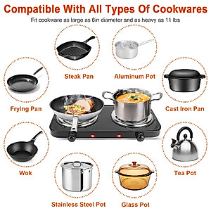 Countertop Burner, Electric Double Burners 2000 Watts, Hot Plate Cooktop with 5 Temperature Control, Non Slip Rubber Feet, Portable Coil Heating Stove Countertop RV Hotplate for Home or Dorm(Black 2)