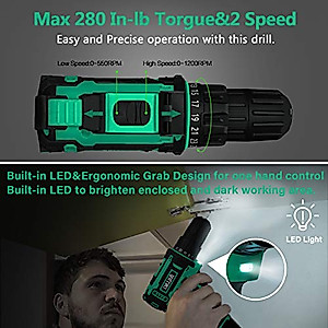 Cordless Drill Driver Kit,67Pcs 12V Drill Set Lithium-Ion Battery,Magnetic Wristband Brushes Tape Measure,Max Drill 280 In-lb Torque,3/8'' Keyless Chuck,25+1 Metal Clutch and Built-in LED