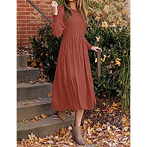 ZESICA Women's 2023 Casual Long Sleeve Crew Neck High Waist Smocked Flowy Tiered Midi Dress,Rust,Medium