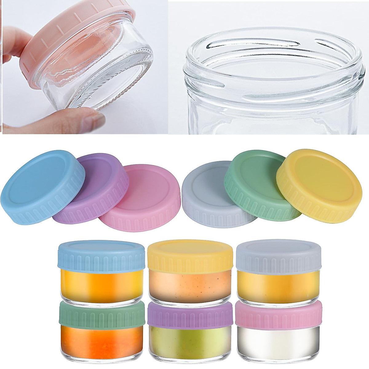 FEOOWV 6pcs Salad Dressing container, Glass Small condiment with Lids-DippingSauce Cups Set-Leakproof Reusable with Lid Small Jars Lunch Box Accessories (2.7oz/80ml)