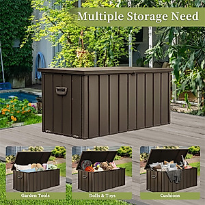 SEALAMB 160 Gallon Metal Outdoor Storage Deck Box, Waterproof Deck Box with Side Handle & Mobility Rollers, Indoor Storage Bin for Organizing Patio Furniture Cushions, Garden Pool Tools, Lockable