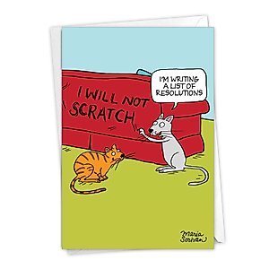 NobleWorks - Funny New Year Cartoon Greeting Card with 5 x 7 Inch Envelope (1 Card) NYE Holiday Stationery Gift for Adults - Cat Resoutions C4521NYG
