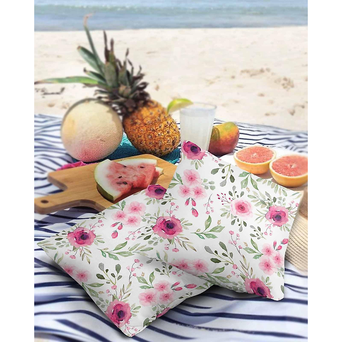 ALAGEO Outdoor Waterproof Pillow Covers for Patio Furniture Pink Flowers Decorative Throw Pillow Cover Spring Style Floral Pillowcases Set of 2 Cushion Case for Sofa Couch Chair Home Decor 18x18 inch