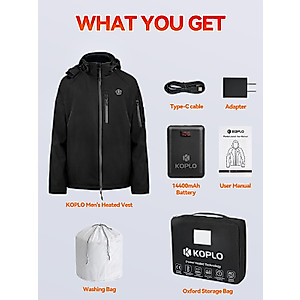 KOPLO Heated Jacket for Men, 14400mAh Battery Pack with Detachable Hood, Waterproof Outdoor Heating Jacket-L