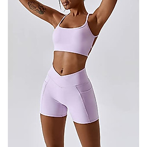 Workout Sets for Womem 2 Piece Criss Cross Back Sport Bra Cross Waist High Waist Booty Shorts with Pocket Exercise Gym Yoga Outfits Cross Back Purple Large