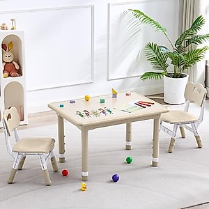 DOREROOM Kids Table and 2 Chairs Set, Height Adjustable (17.7"-26.1") Toddler Table and Chair Set, Multi-Activity Table with Graffiti Desktop, Children’s Table and Chairs for Classroom, Home & Daycare