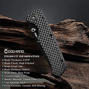 Cool Hand 3.75'' Carbon Fiber Folding Knife, w/ 2.75" Polished Black Ceramic Blade in Gift Box Packing, Liner Lock Mechanism, w/Pocket Clip, EDC Pocket Knives