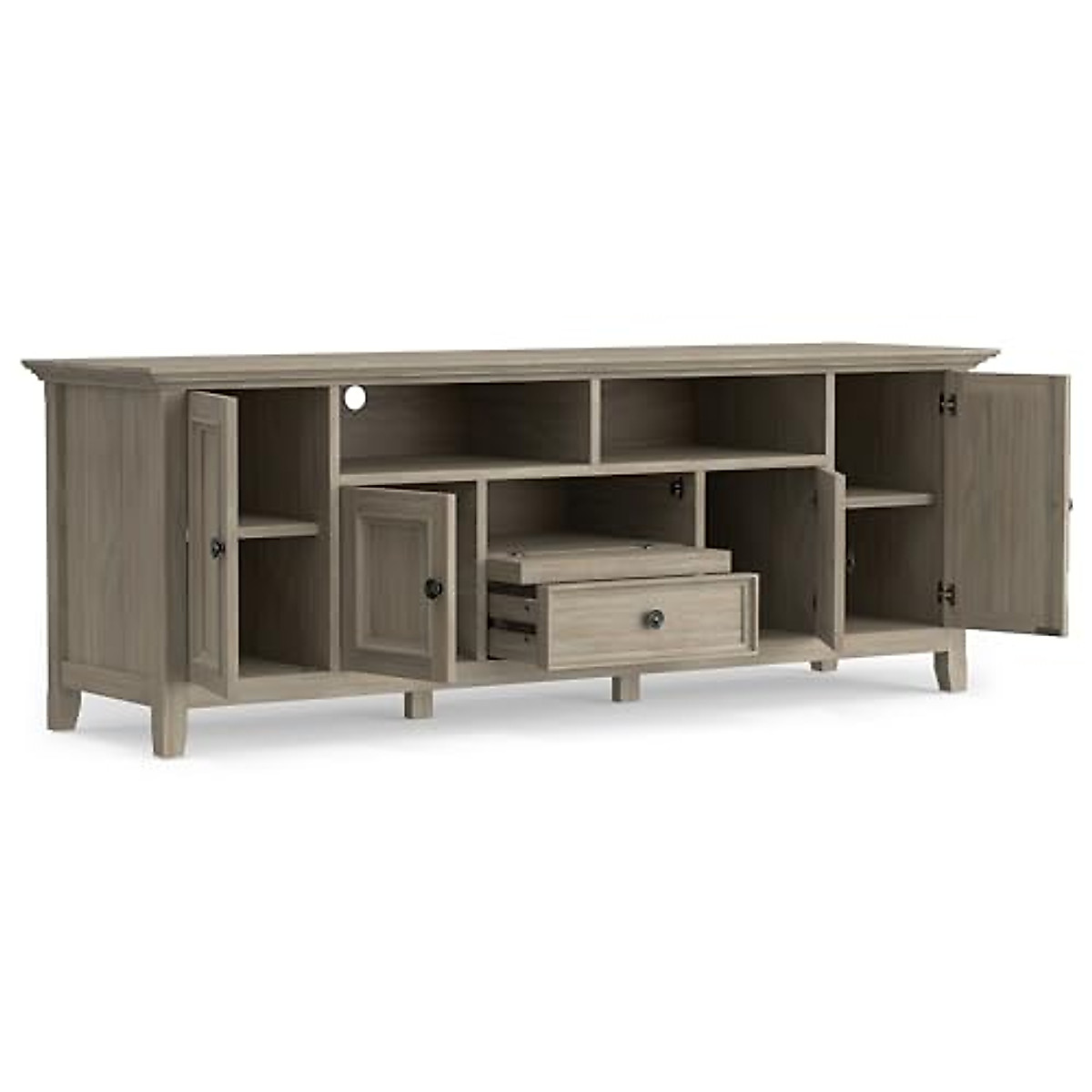 SIMPLIHOME Amherst SOLID WOOD 72 Inch Wide Transitional TV Media Stand in Distressed Grey for TVs up to 80 Inch, For the Living Room and Entertainment Center