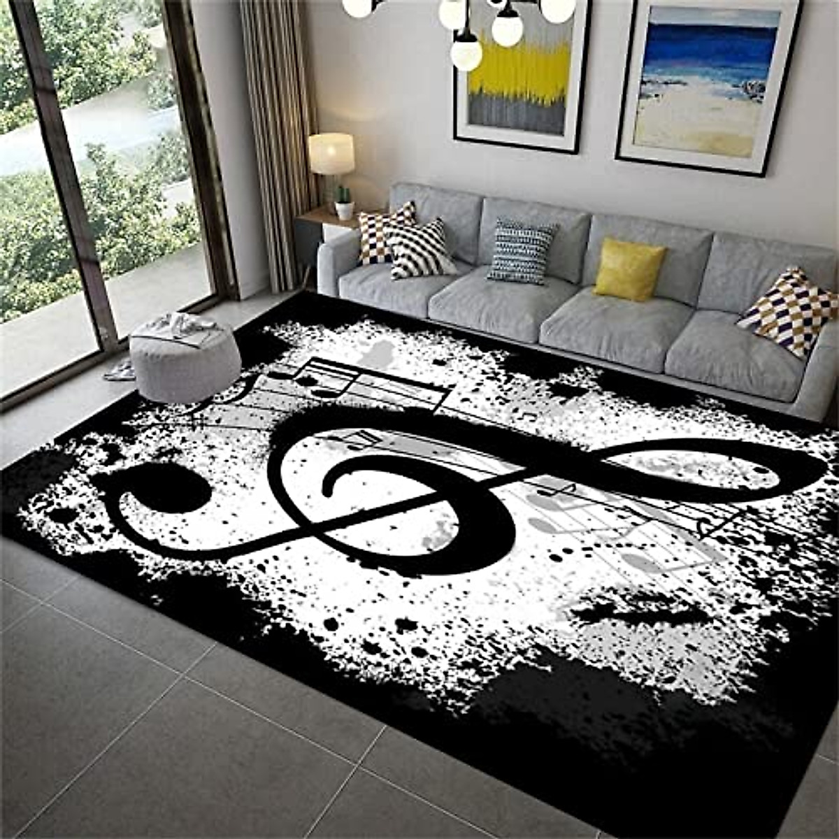 Black Lefu Large Strip Rug, 3D Music Theme Area Carpet, Non-Slip Mat Soft and Easy to Clean Suitable for Living Room Study Bedroom Dining Room5x3ft/90x150cm
