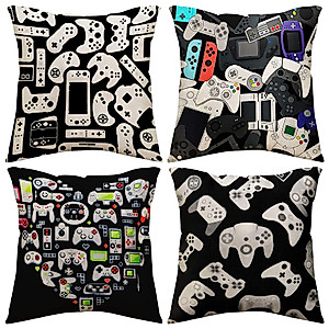 MoharWall Gamer Square Throw Pillow Case Video Game Controller Cushion Cover for Game Boys Bedroom Playroom 18"x 18", 4 Pack