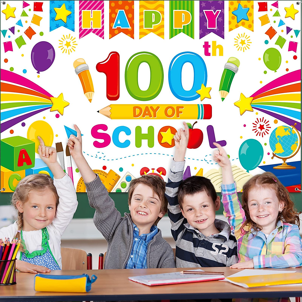 100 Days of School Decoration Banner Happy 100th Day of School Party Backdrop Photography Background for Kids Student Kindergarten Preschool Primary School Party, 72.8 x 43.3 Inch (White)