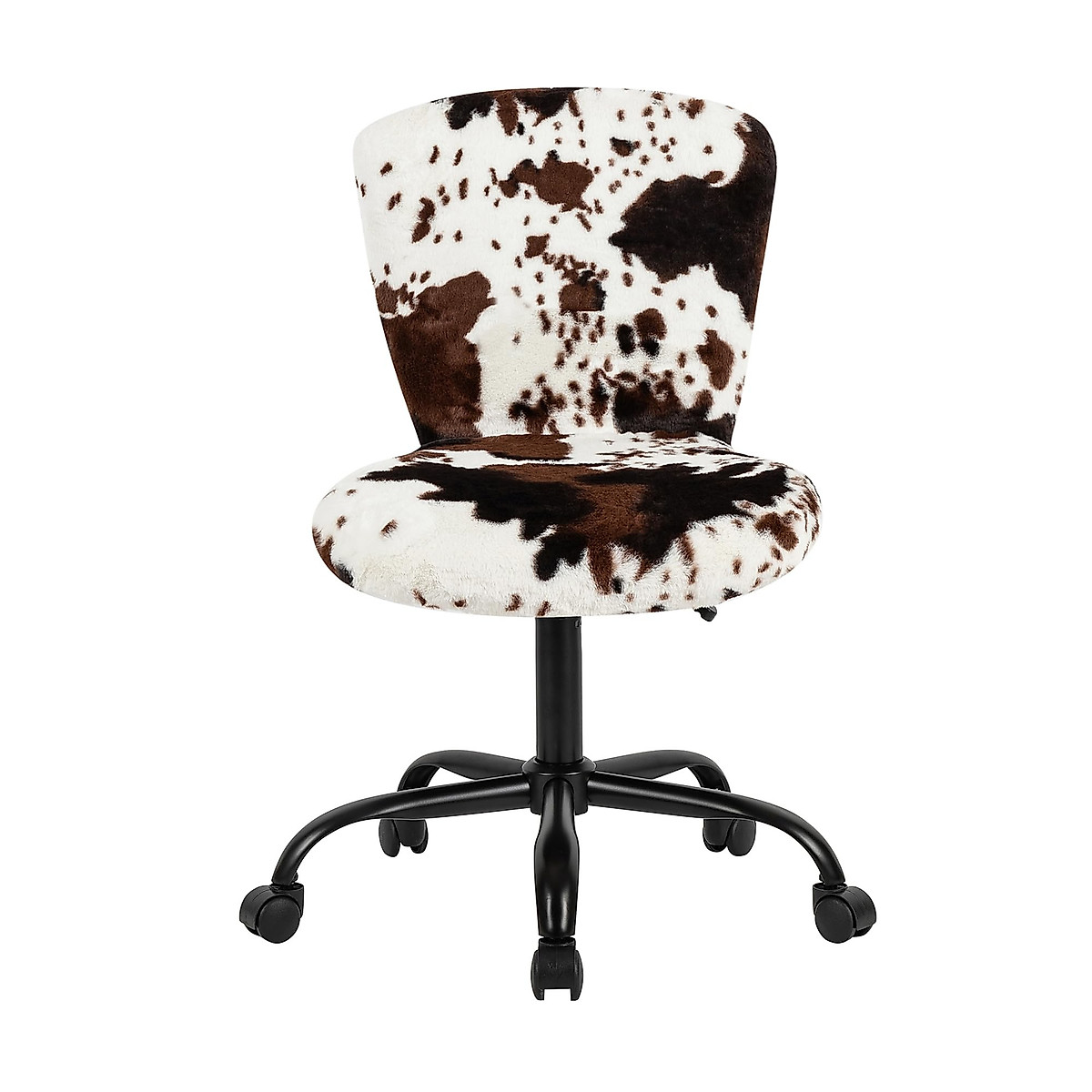 LEEJAY Brown Milk Cow Print Desk Chair for Adults, Armless Swivel Office Task Chair with Black Legs, Fluffy Faux Fur Furry Chair for Bedroom, Mid-Back Fancy Computer Chair, 17.3"x19.3" Seat