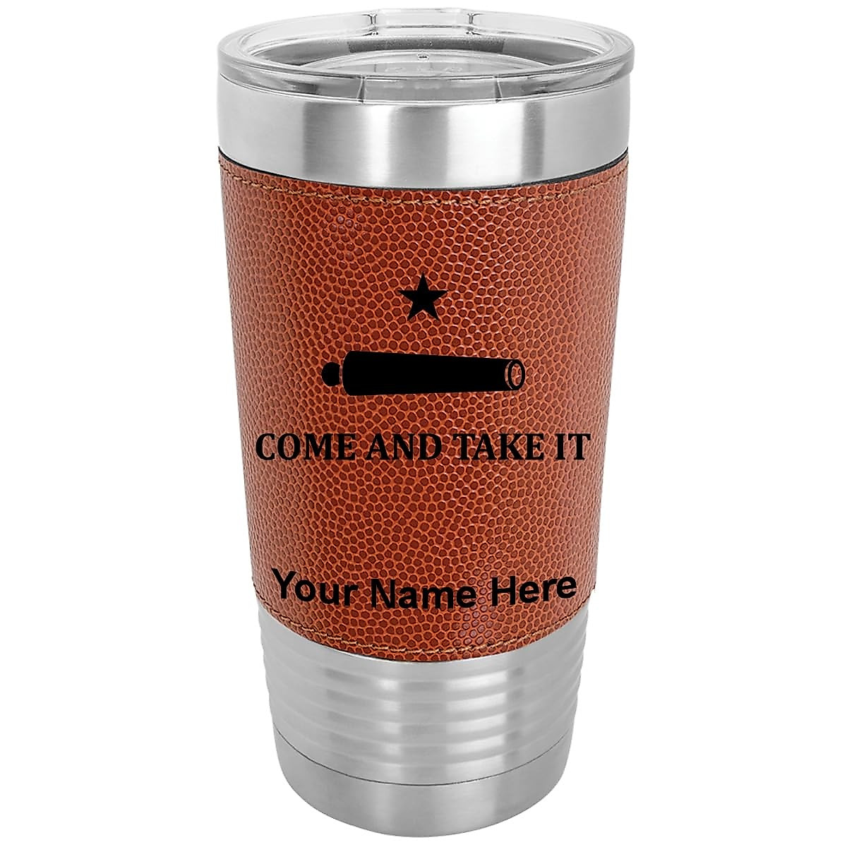 LaserGram 20oz Vacuum Insulated Tumbler Mug, Texas Come and Take It Flag, Personalized Engraving Included (Faux Leather, Basketball Style)