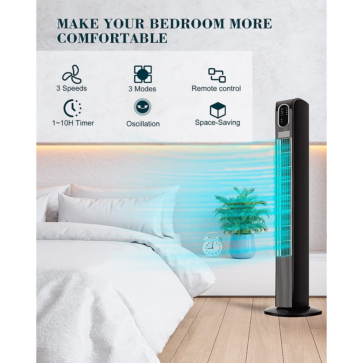 Uthfy Electric Standing Tower Fan,34'' Oscillating Tower Fan with Remote, Floor Fan for Bedroom Office and Home,Quiet Cooling Fan,Portable Bladeless Tower Fan with LED Display,Black