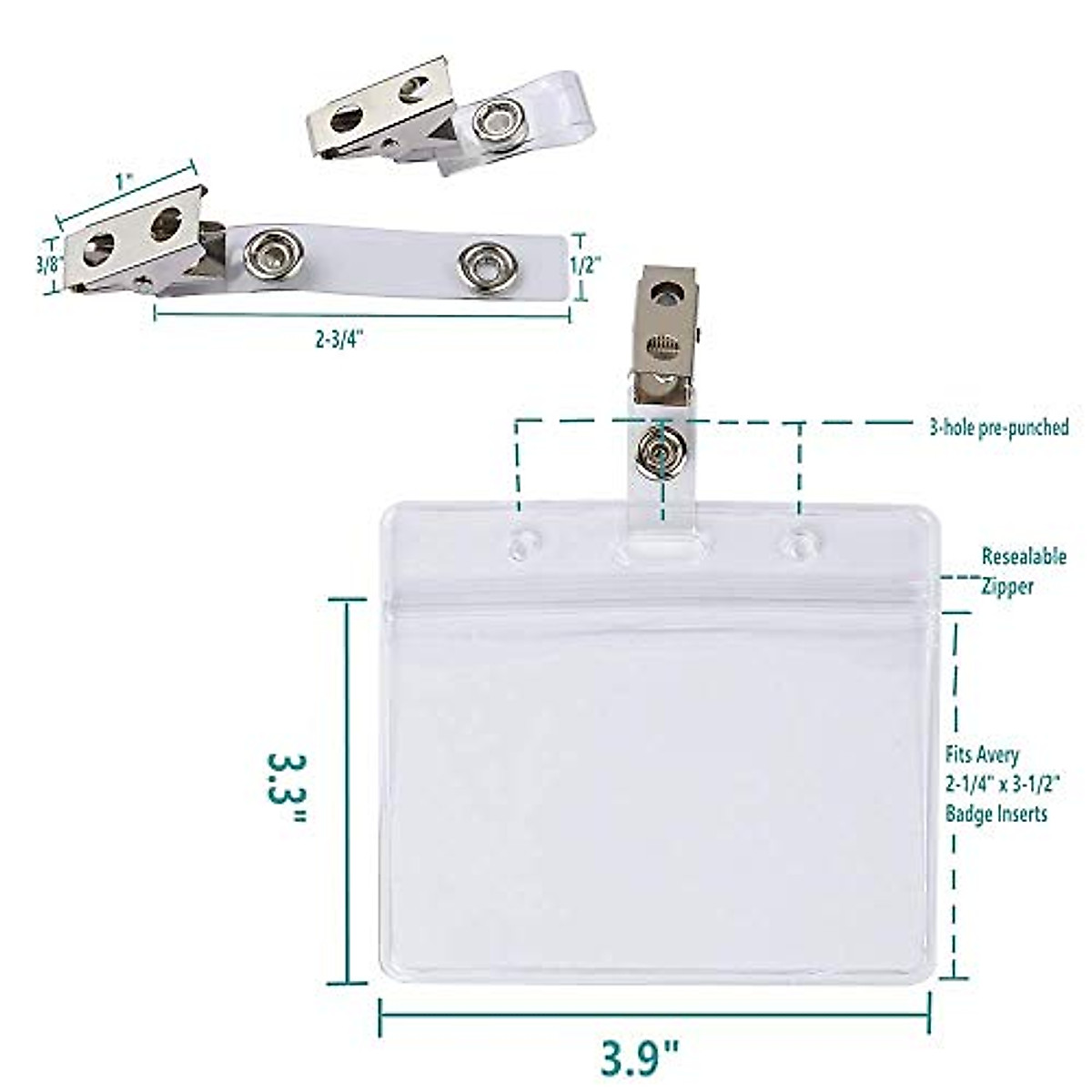 Aimtech Set of 50 Pcs Clear Plastic Horizontal Name Tag Badge Id Card Holders & Metal Id Badge Holder Clips with PVC Straps (Aimt1526)