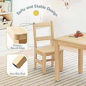 Curipper Rubberwood Kids Table and 2 Chair Set, Water Resistant Toddler Table and Chair Set, Non-Slip Pad and Waterfall Edge, Easy to Clean,Ideal Children Table Set for Bedroom, Playroom,Natural Wood