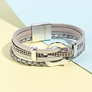 FANCY SHINY Leather Cuff Bracelet Circle Rhinestone Wrap Bracelet Stackable Multi Layer Wristband with Clasp Boho Jewelry Gift for Women(Silver)