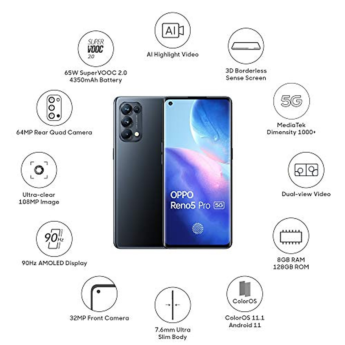 OPPO Reno5 Pro 5G Dual-SIM 128GB ROM + 8GB RAM (GSM only | No CDMA) Factory Unlocked 5G Smartphone (Starry Black) - International Version