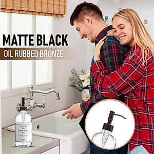 Sunrise Premium 2 Pack Clear Glass Soap Dispenser 16 OZ with Oil Rubbed Bronze Stainless Steel Pump, Hand and Dish Soap Dispenser Set for Bathroom and Kitchen Sink with 6 Waterproof Labels