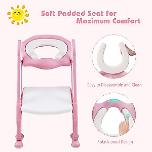 BABY JOY Kids Portable Potty Training Toilet Seat w/Step Stool Ladder, Foldable and Adjustable Toddler Toilet Training Seat Chair for Boys Girls Toddlers, Non-Slip Pads and Soft Cushion Seat (Pink)