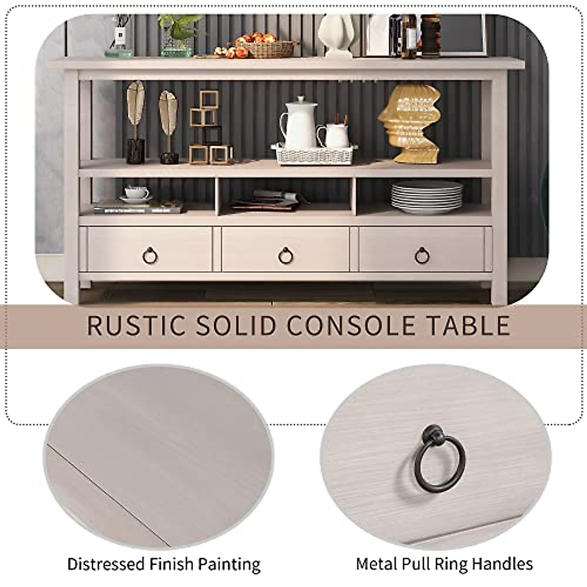 LUMISOL Entrayway Console Table Sofa Table Buffet Server with Double Storey Tabletop, 3 Drawers and 3 Intermediate Compartments for Living Room (Gray Wash)