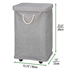 mDesign Large Polyester Rolling Laundry Hamper with Wheels, Removable Lid, and Rope Carrying Handles - Collapsible Hampers with Wheels for Compact Storage - Tall Single Compartment Basket - Gray