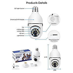 BESDERSEC Security Cameras Wireless Outdoor, Pan/Tilt Light Bulb Security Camera 360° Panoramic FHD 1080P Wi-Fi Outdoor Security Camera with IR Light Motion Sensor 2-Way Audio