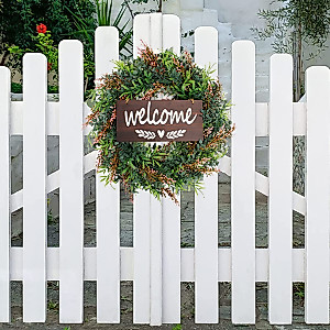18in Artificial Green Wreath for Front Door with Welcome Sign Red Flower Fall Christmas Wreath Gypsophila Green Leaves Wreath for Window Home Porch Farmhouse Patio Garden Party Decor
