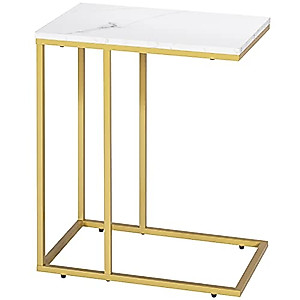 PrimeZone C Shaped Side Table - Faux Marble Narrow End Table for Sofa Couch & Living Room, TV Tray Table, 19" W x 12" D x 23" H, Gold Frame