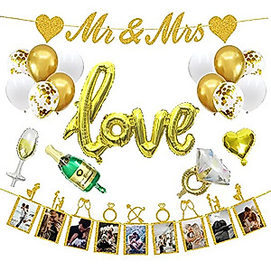Wedding Decorations,Mr & Mrs Banner, Photo Banner and Set of 12+5 distinctive Balloons for Wedding/Anniversary/Engagement/Valentines Day Party