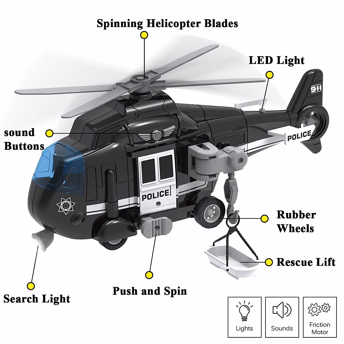 Liberty Imports Police Rescue Helicopter Friction Powered Toy Vehicle for Boys | Push and Go Chopper with Pretend Play Action Lights and Sounds